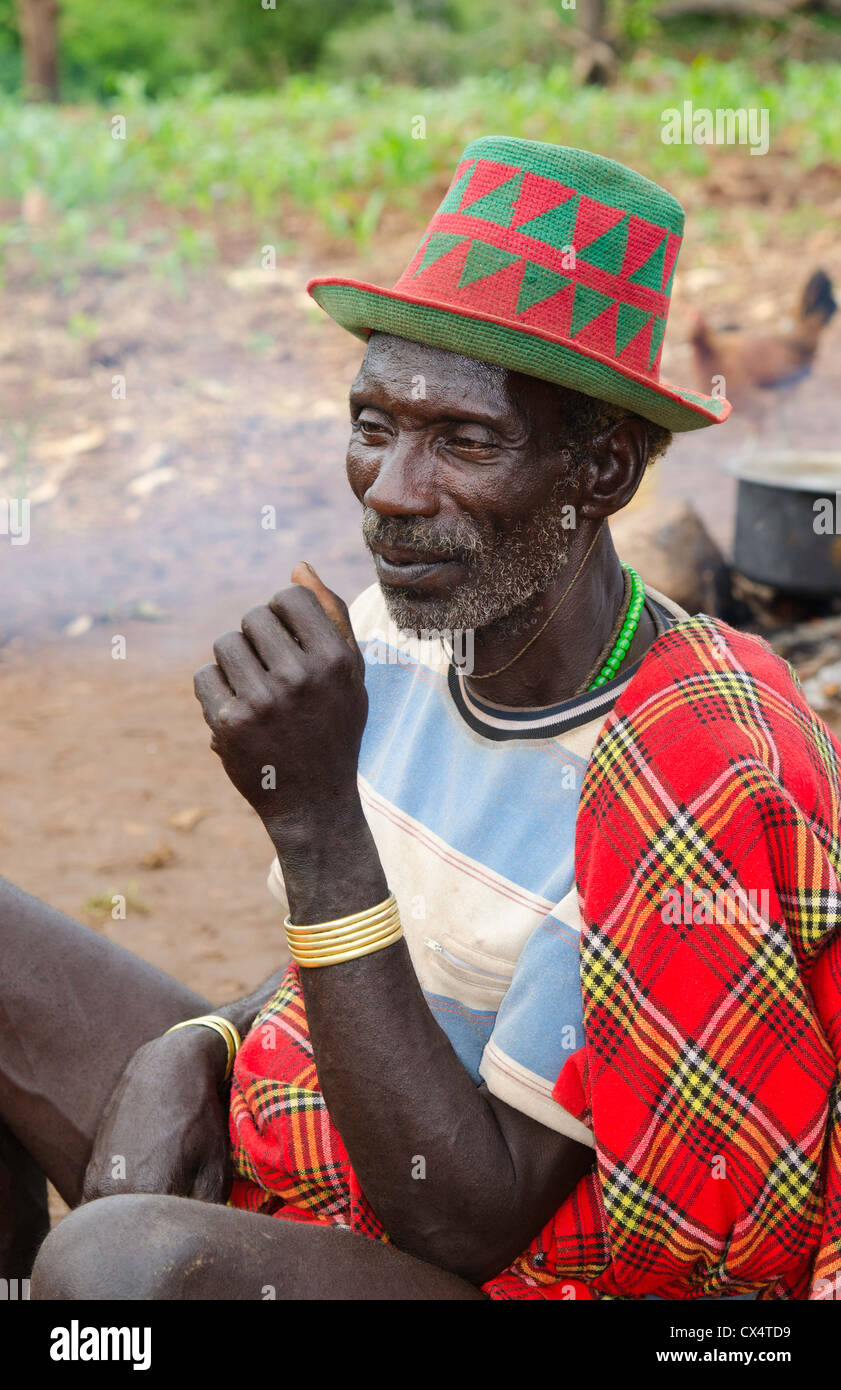 Mago National Park Ethiopia Africa old man aged 70 in hat in Lower Omo ...