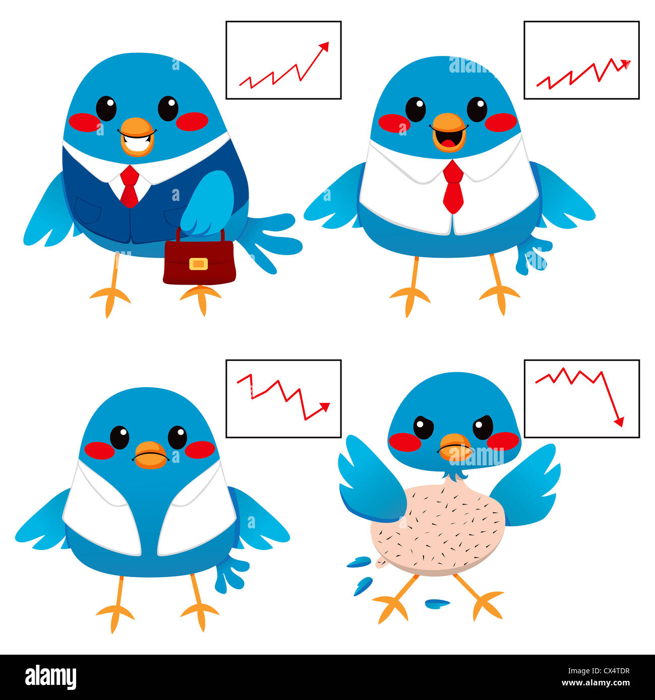 Cute bird businessman showing different graph stats from success to ...