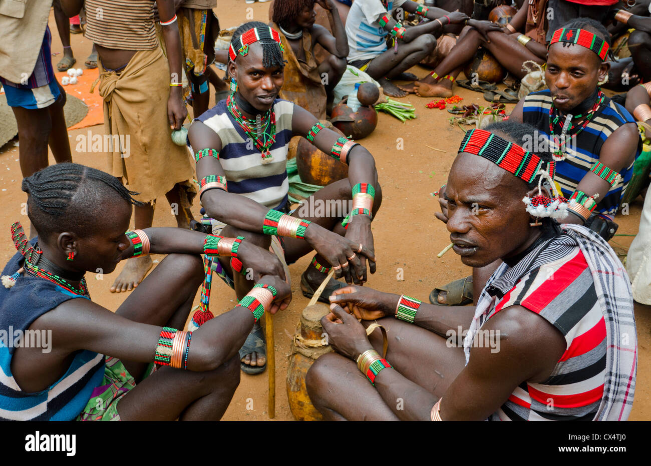 Dimeka Ethiopia Africa Lower Omo Valley market with Bena boys talking ...