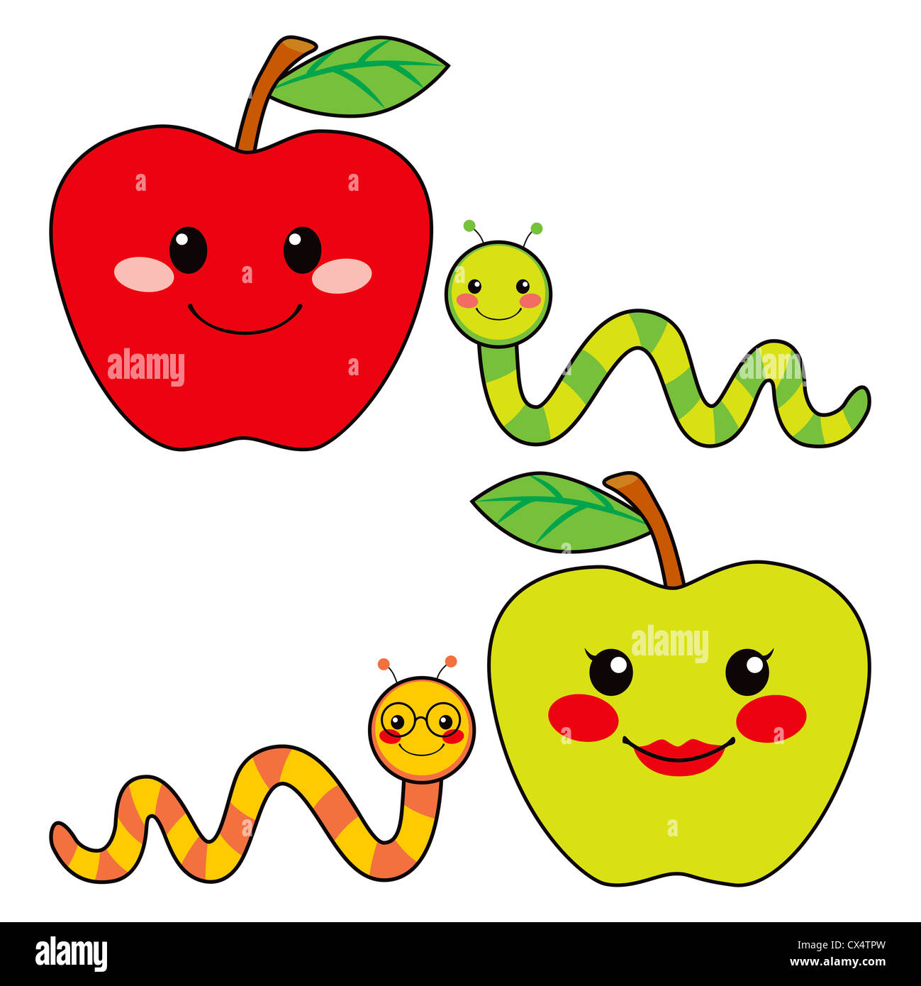 Sweet green and red apples with cute worm friends smiling Stock Photo ...