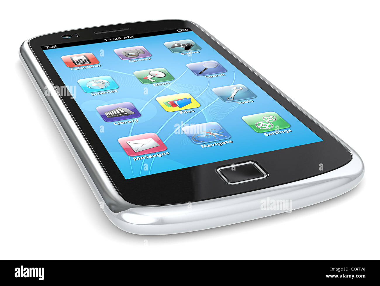 Black Smartphone, blue screen with icons. White Background Stock Photo ...