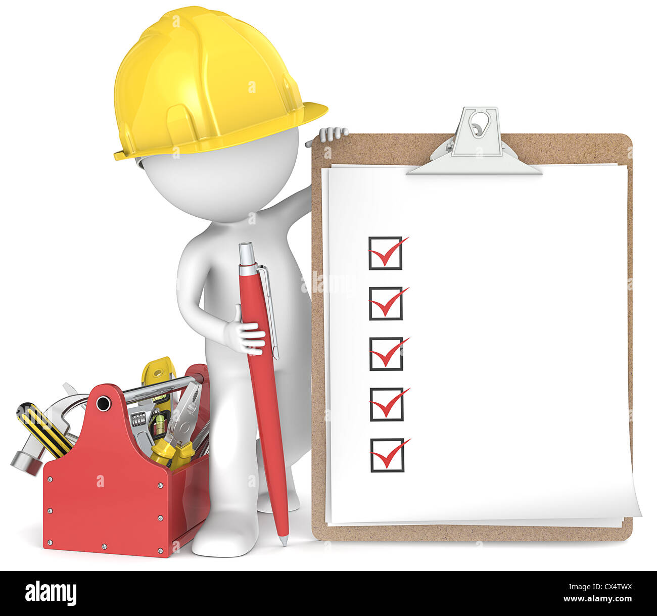 3D little human character the Builder holding a clipboard and pen ...