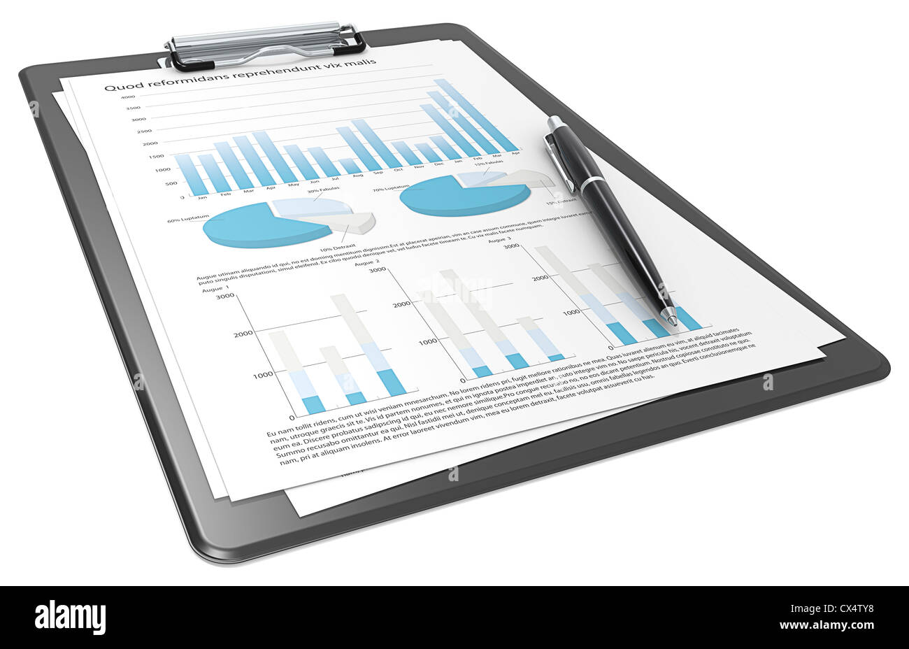 Clipboard with Papers and Pen. Graphs and Pie charts. Blue theme Stock ...