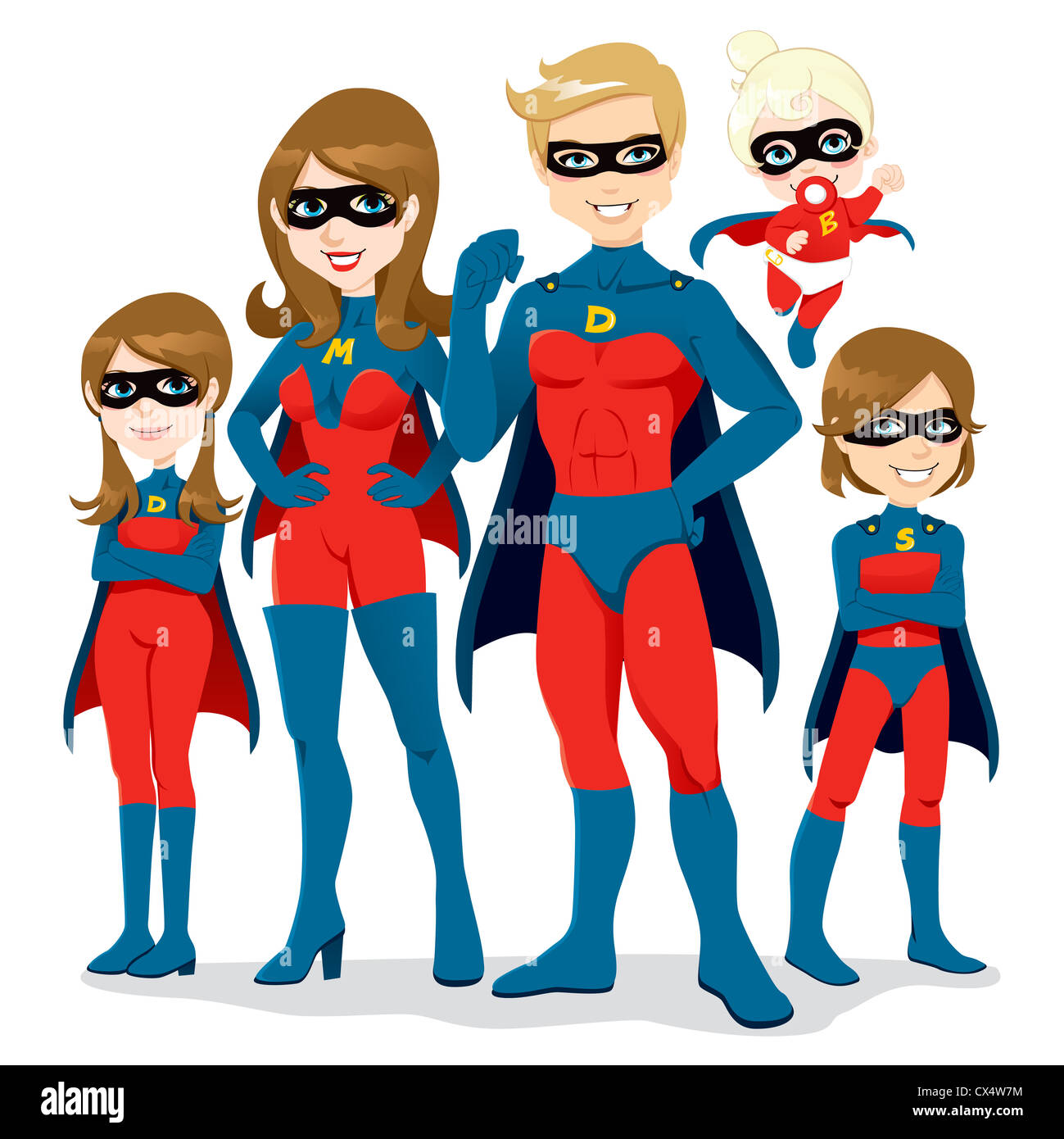 Portrait of beautiful family posing together in superhero costumes with ...