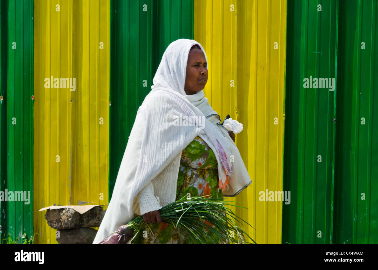 Addis Ababa Ethiopia Capital Africa Graphic Colorful Woman Walking Past Colorful Fence Stock