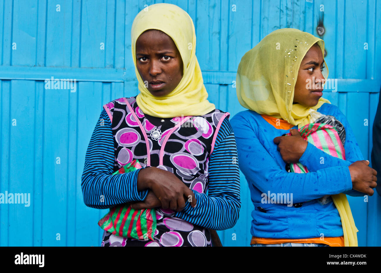 Addis Ababa Ethiopia Capital Africa local two young women against blue ...