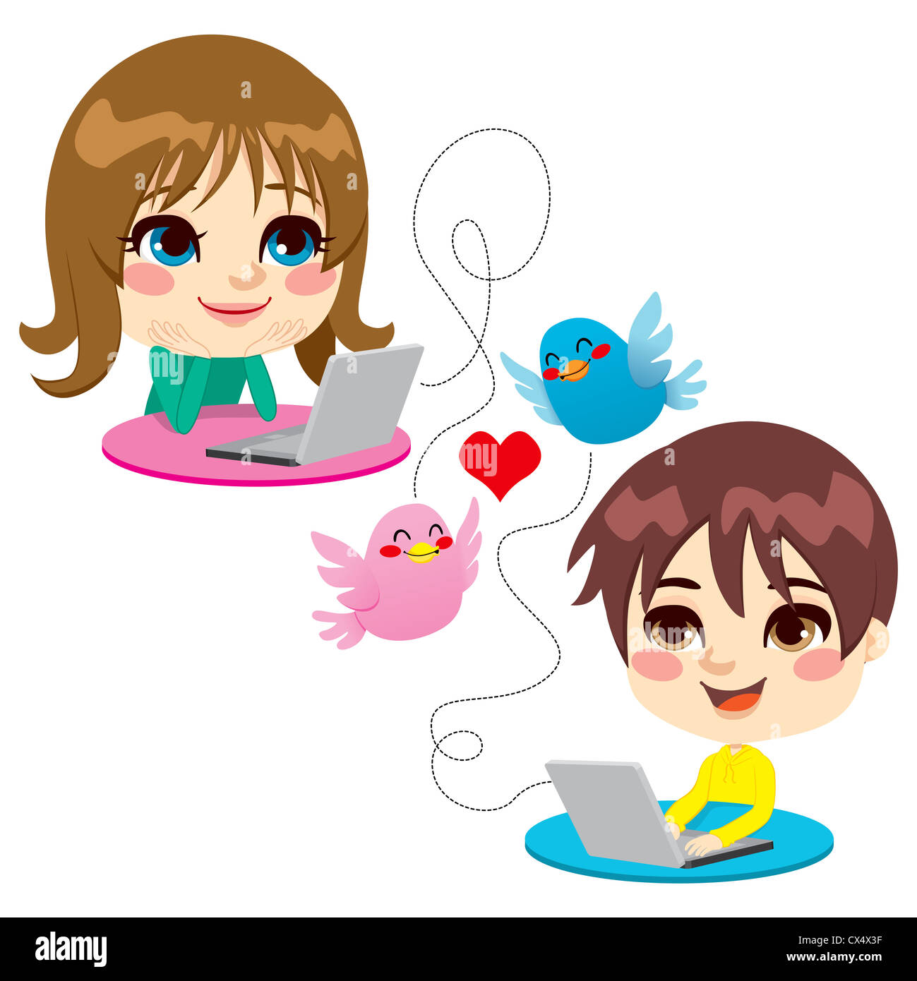 Two lovely children chatting on laptop computers expressing sweet ...