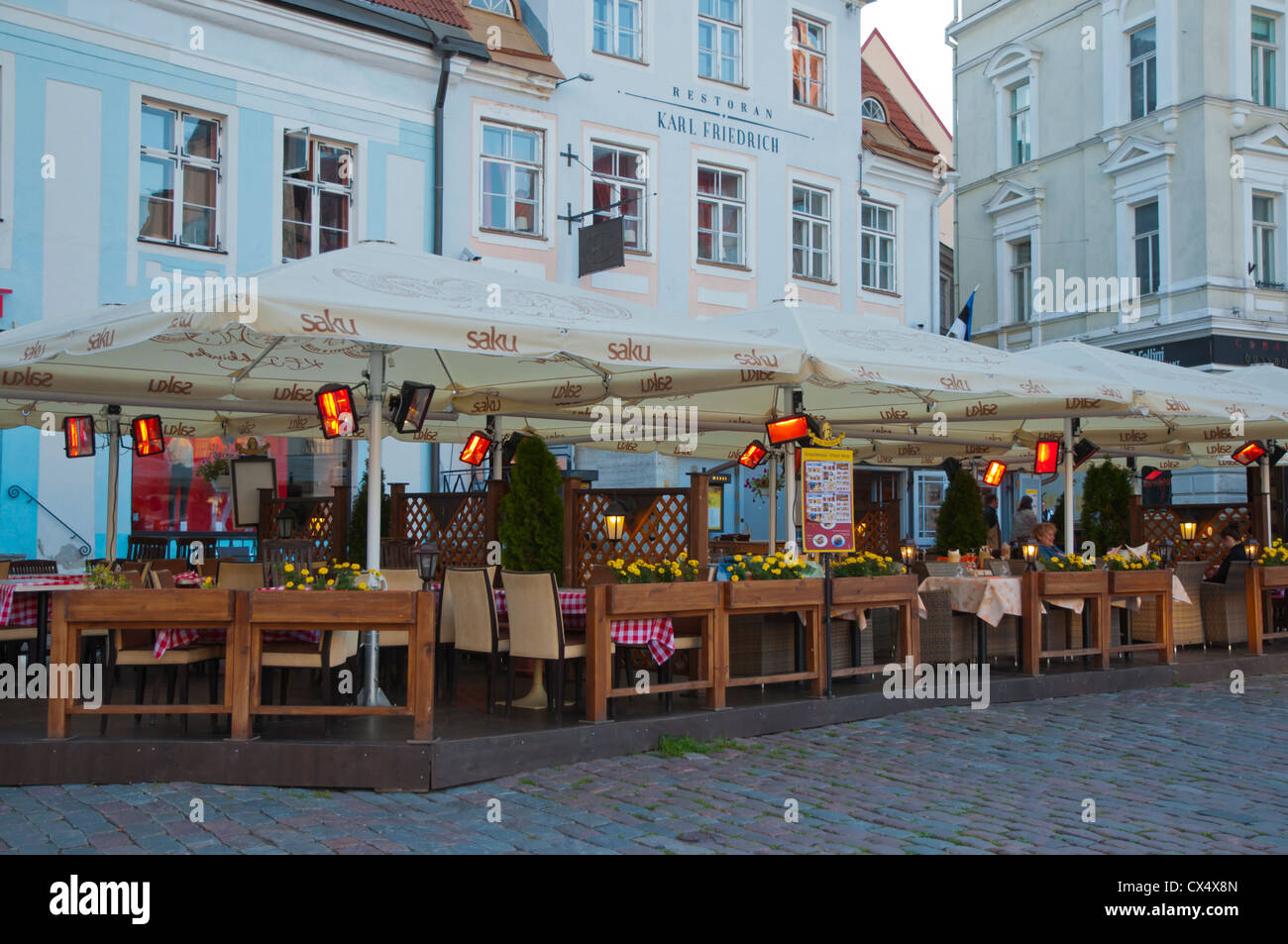 Restaurant terraces Raekoja Plats square old town Tallinn Estonia ...