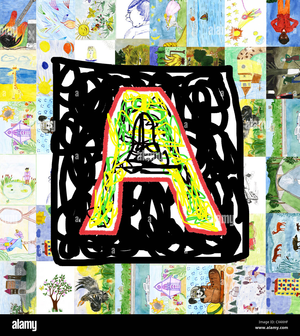 Initials letter A, from children's drawings. Made by child Stock Photo ...