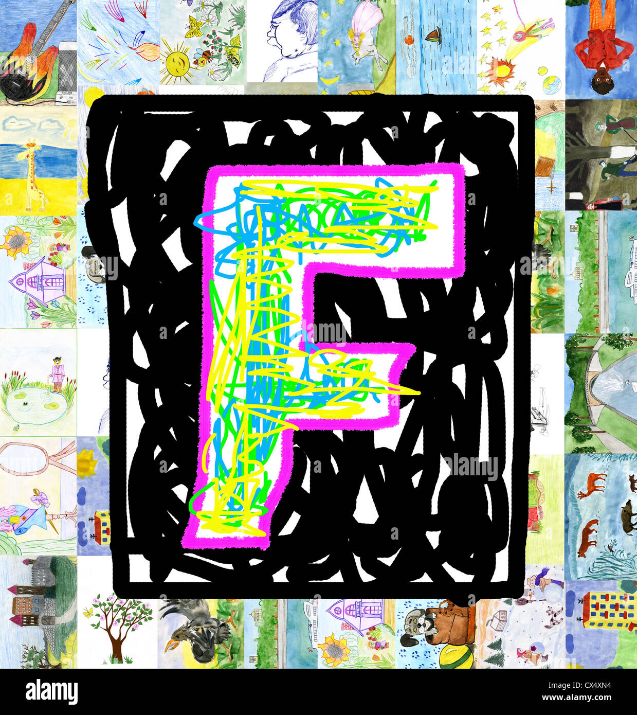 Initials letter F, from children's drawings. Made by child Stock Photo ...