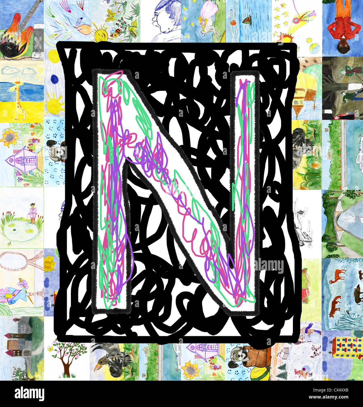 Initials letter N, from children's drawings. Made by child Stock Photo ...