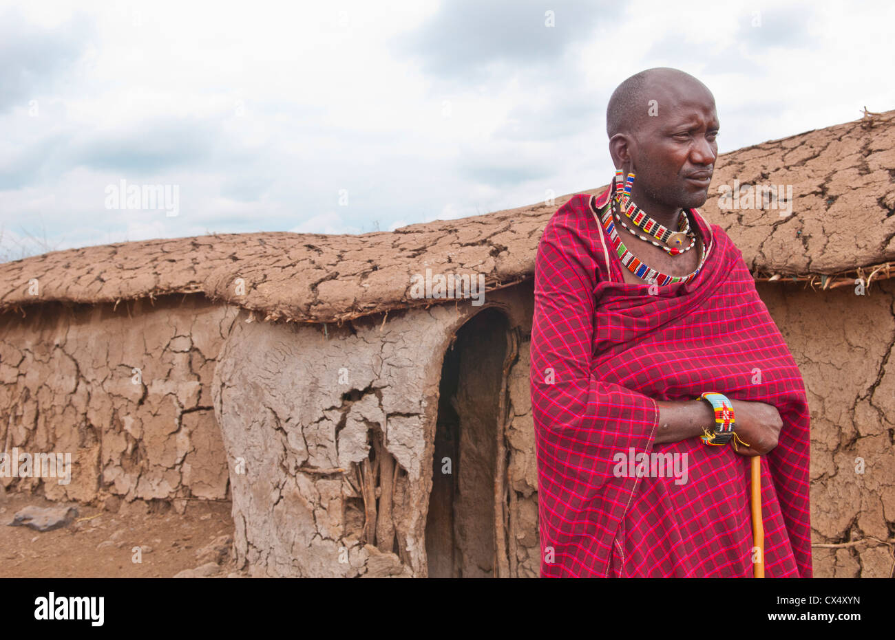 Kenya Africa Amboseli Maasai tribe village Masai man in red costume ...