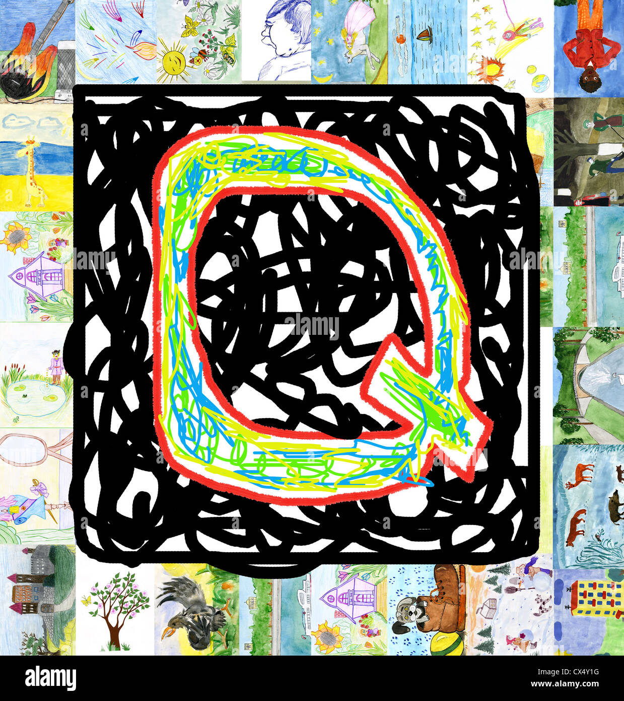 Initials letter Q, from children's drawings. Made by child Stock Photo ...