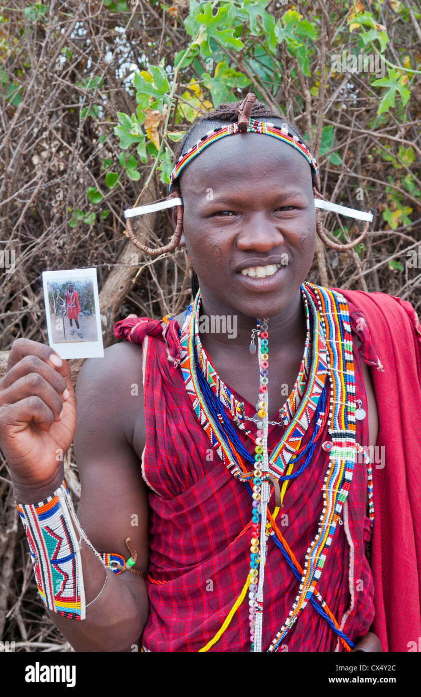 Kenya Africa Amboseli Maasai tribe village Masai man in red costume ...