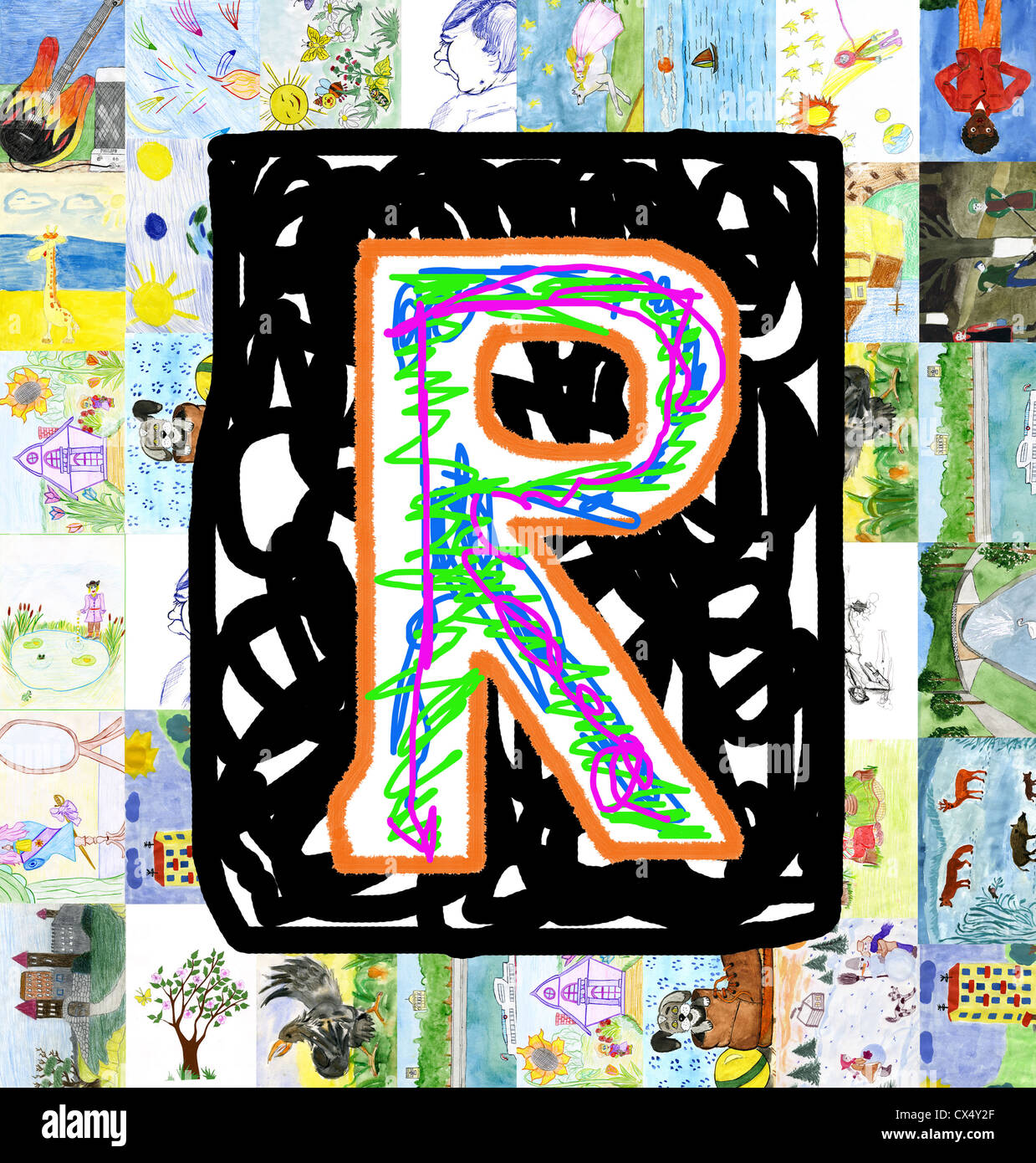 Initials letter R, from children's drawings. Made by child Stock Photo ...