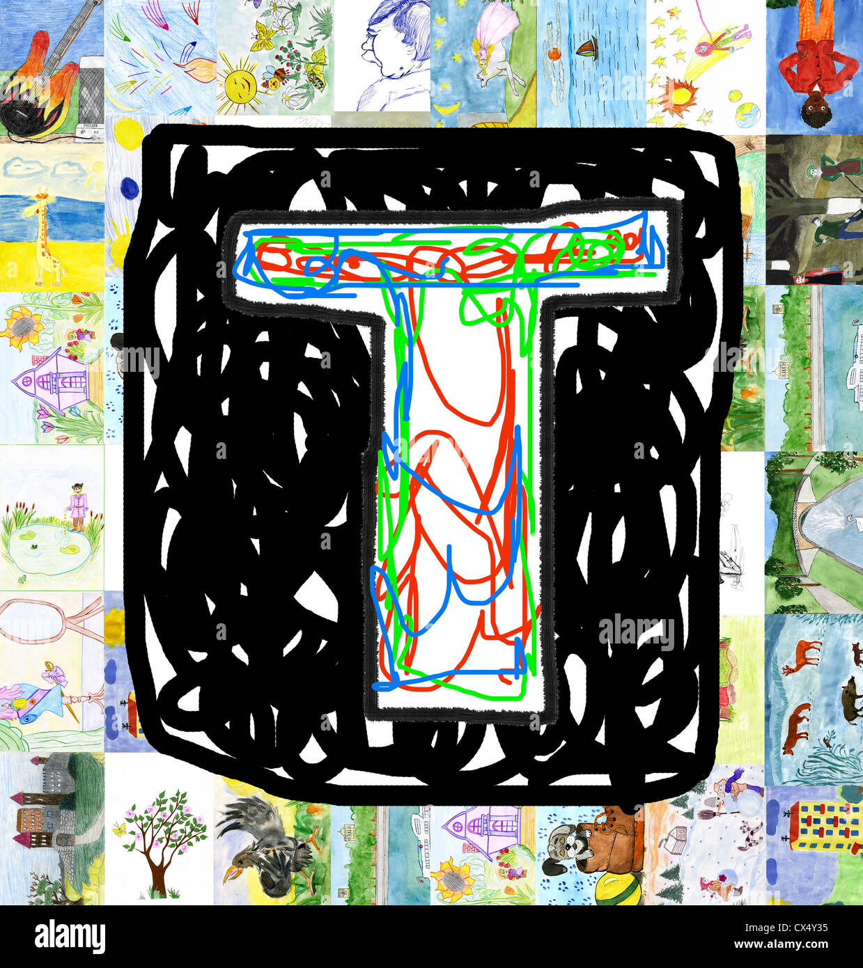 Initials letter T, from children's drawings. Made by child Stock Photo ...