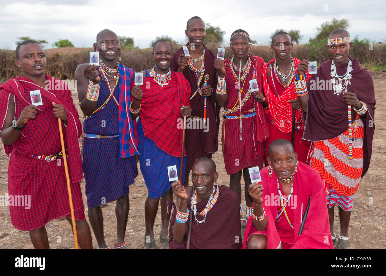 Kenya Africa Amboseli Maasai tribe village Masai group of men in red ...