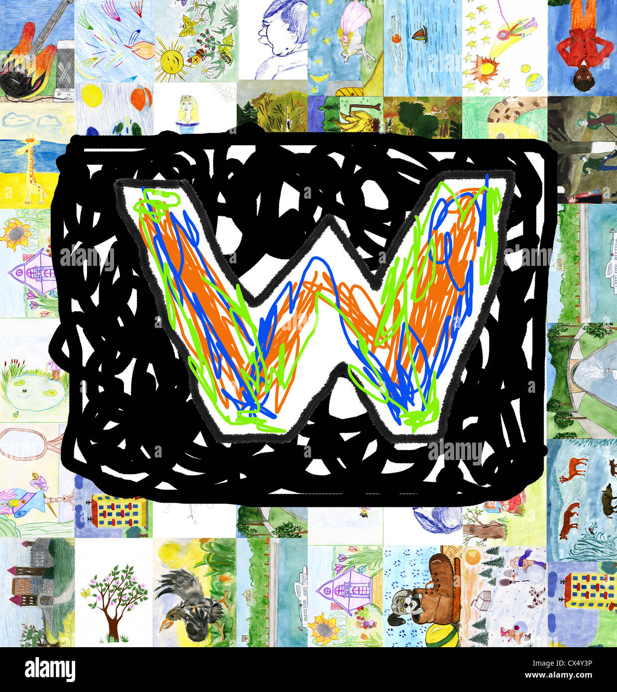 Initials letter W, from children's drawings. Made by child Stock Photo ...