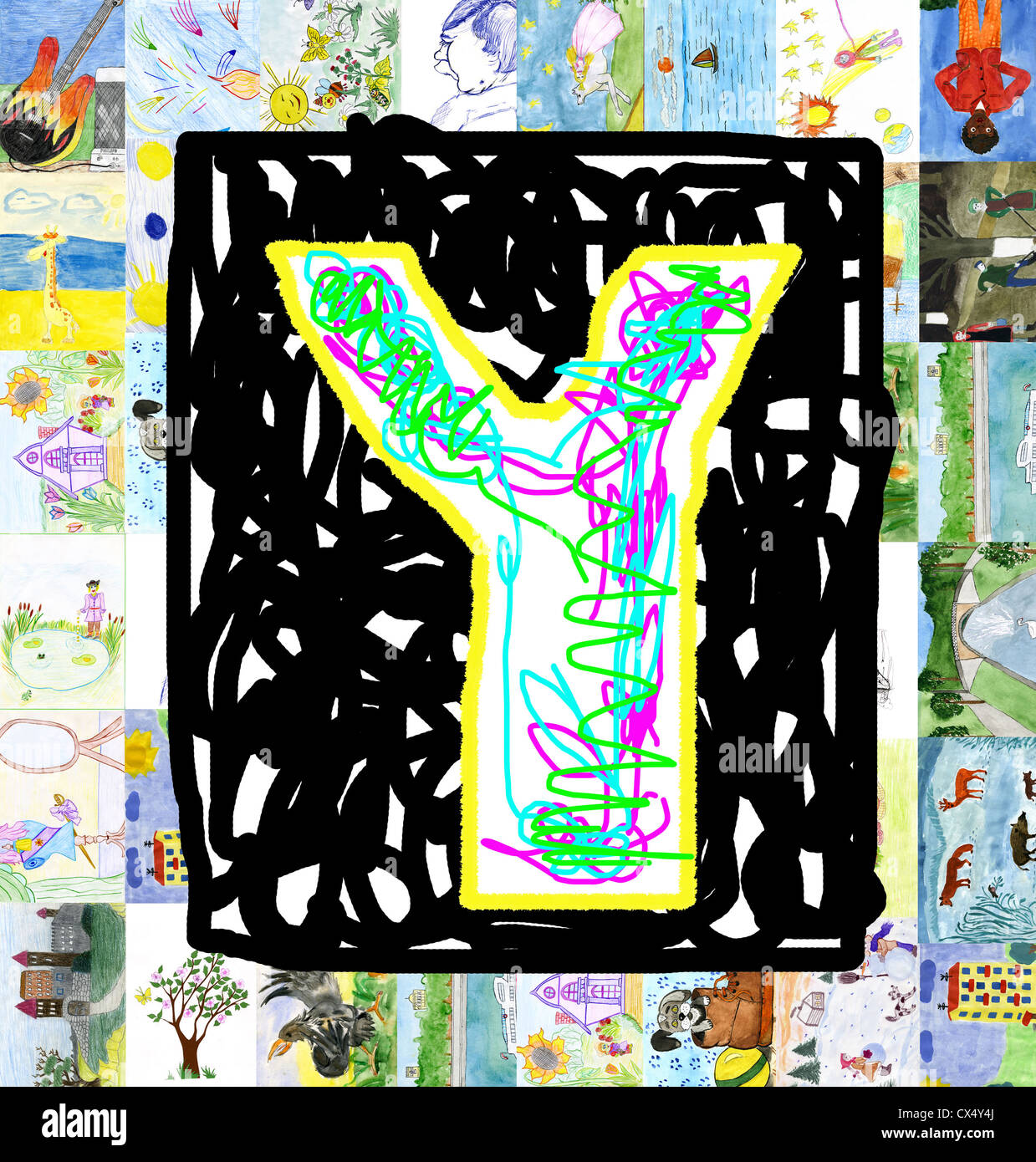 Initials letter Y, from children's drawings. Made by child Stock Photo ...