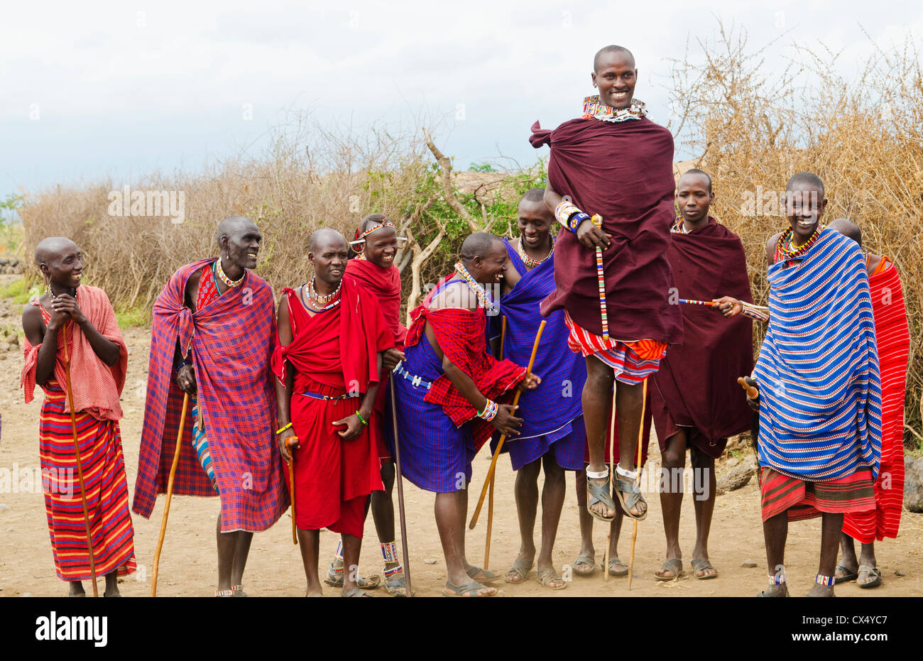 Amboseli National Park Kenya Africa safari Masai men welcome to village Amboseli Maasai #1 Stock ...