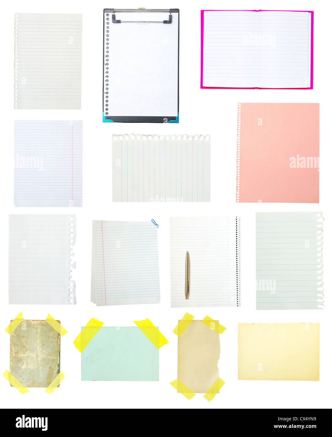 collection of old note paper on white background Stock Photo - Alamy
