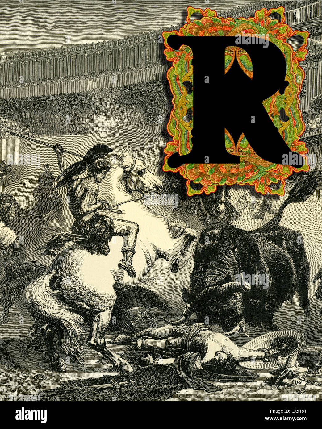 Luxurious Victorian initials letter R, after a engraving "A bull fight ...