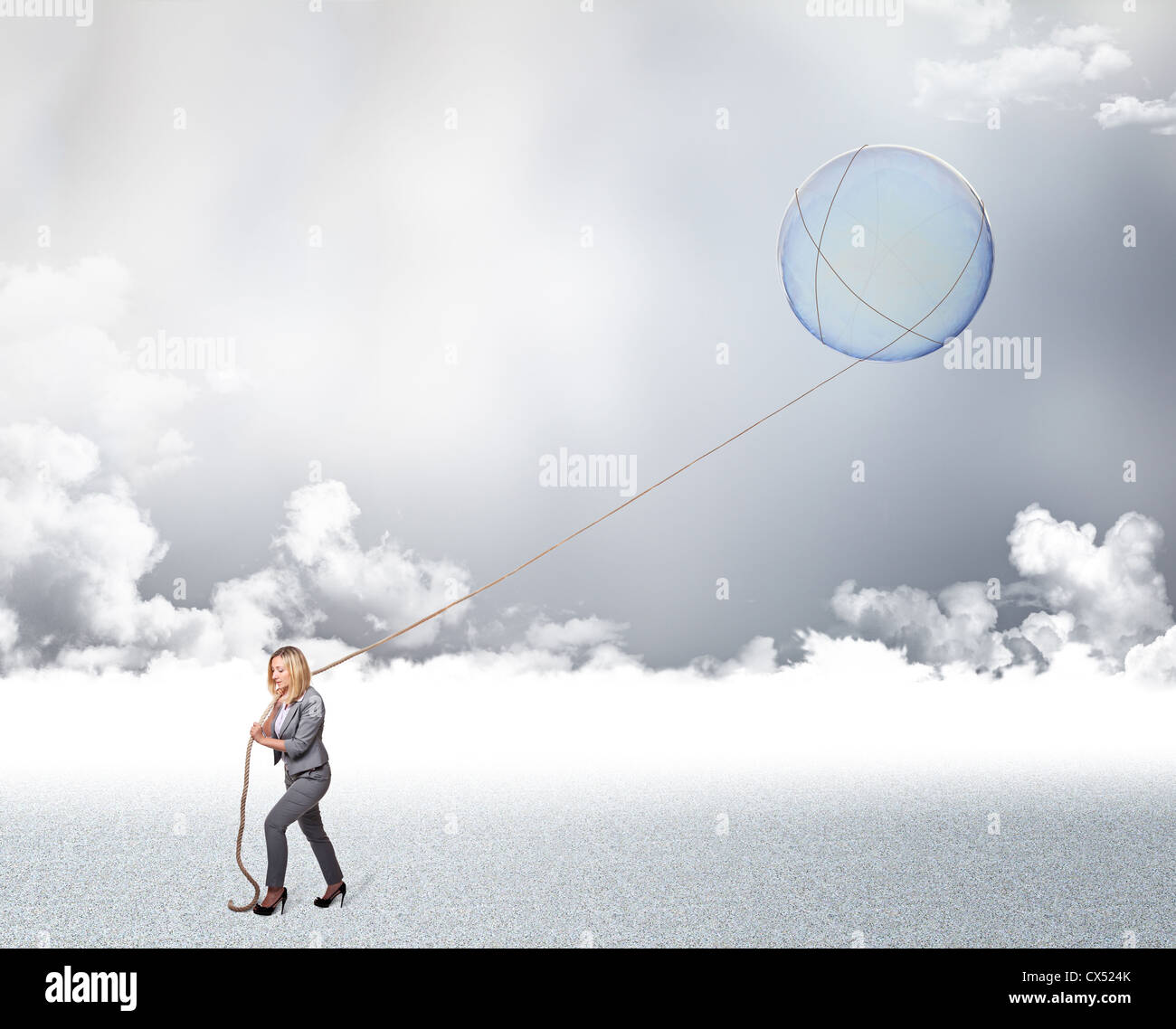 caucasian woman catch and pull soap bubble Stock Photo - Alamy