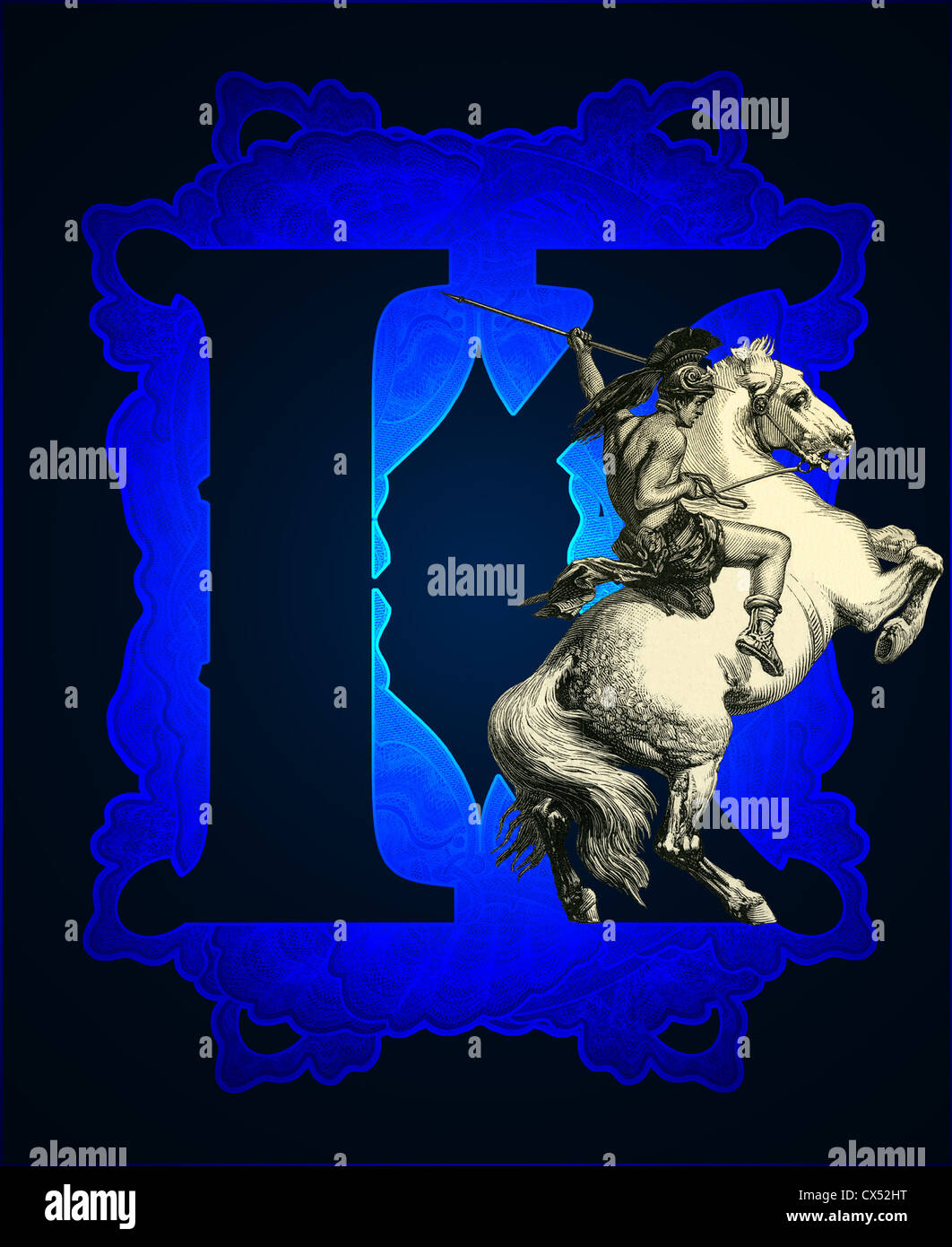 Luxurious Victorian initials letter K, after a engraving "A bull fight ...