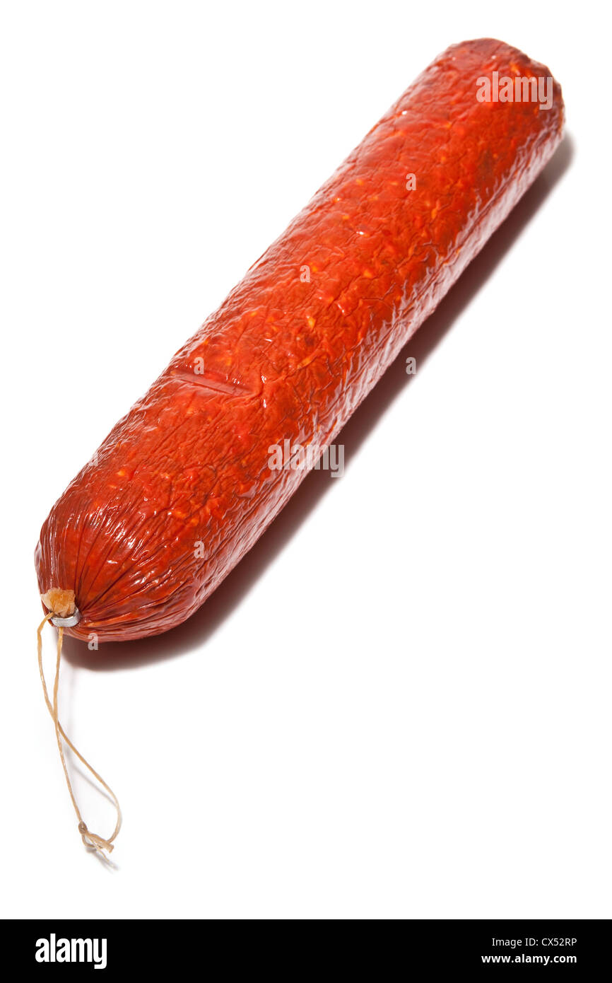Large Spanish Chorizo sausage isolated on a white studio background ...