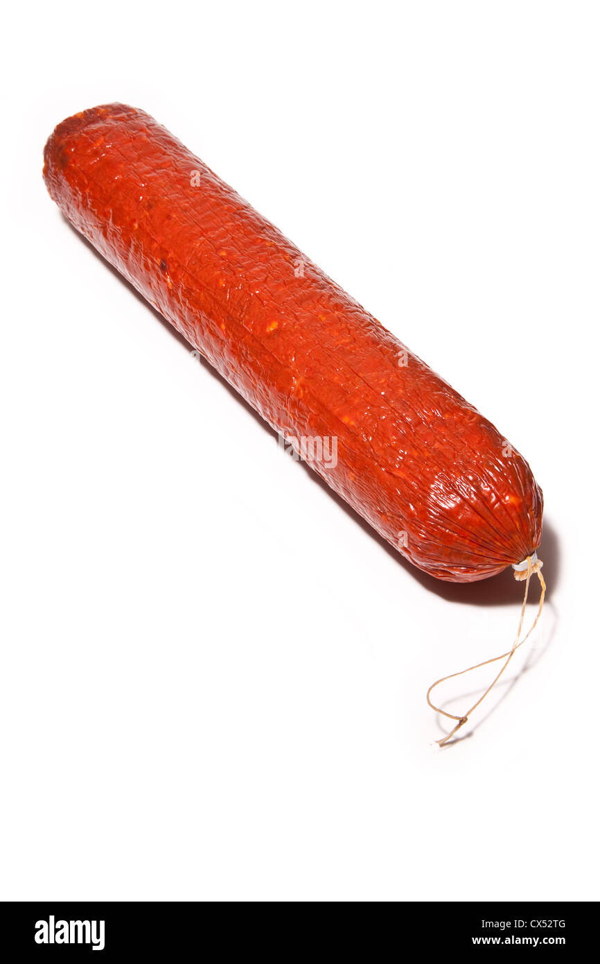 Large Spanish Chorizo sausage isolated on a white studio background ...
