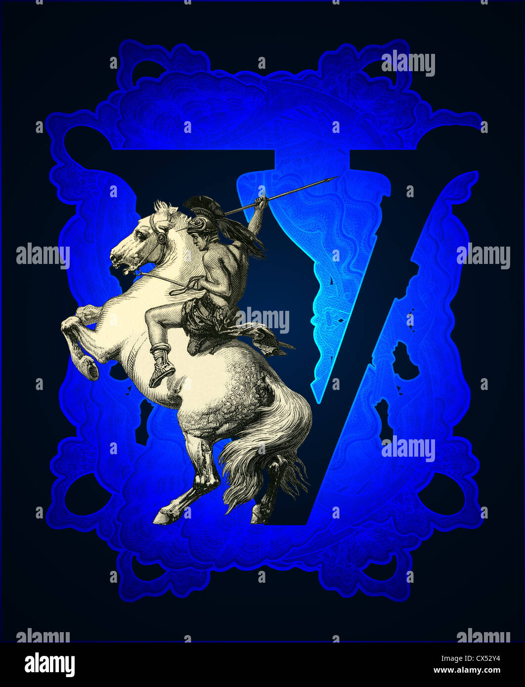 Luxurious Victorian initials letter V, after a engraving "A bull fight ...