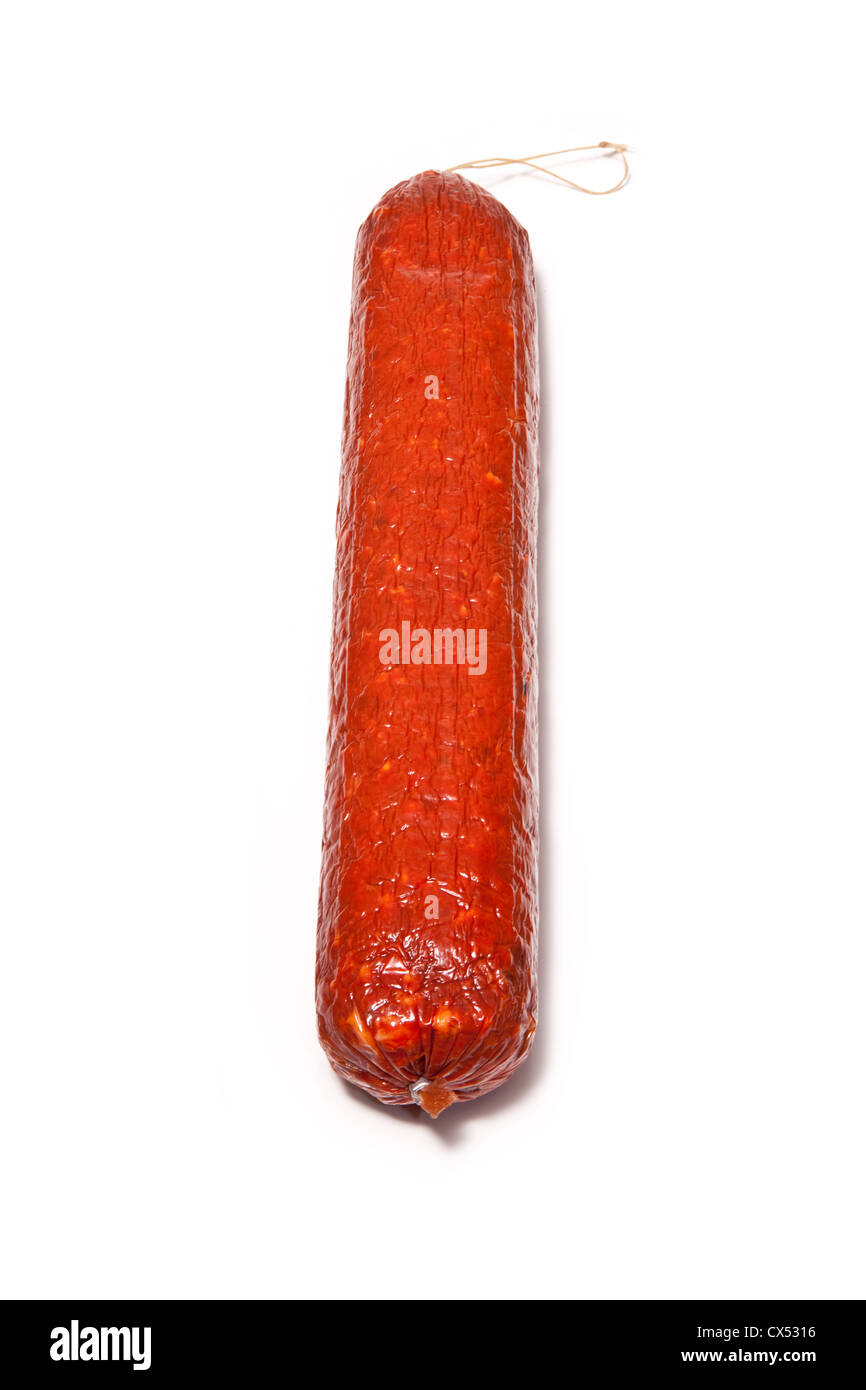 Large Spanish Chorizo sausage isolated on a white studio background ...