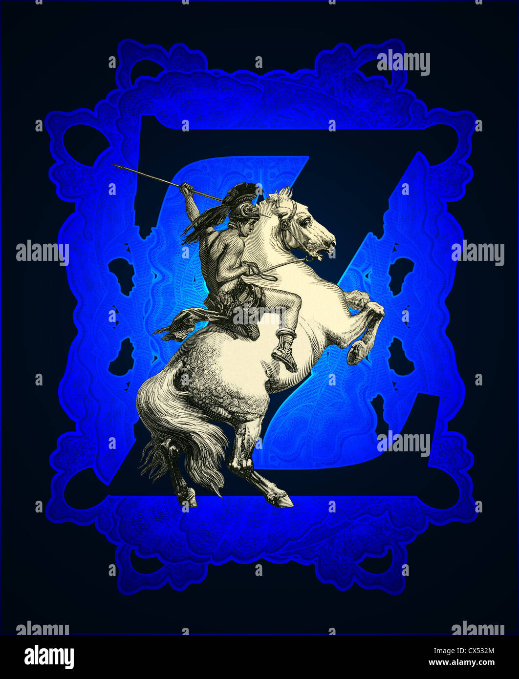 Luxurious Victorian initials letter Z, after a engraving "A bull fight ...