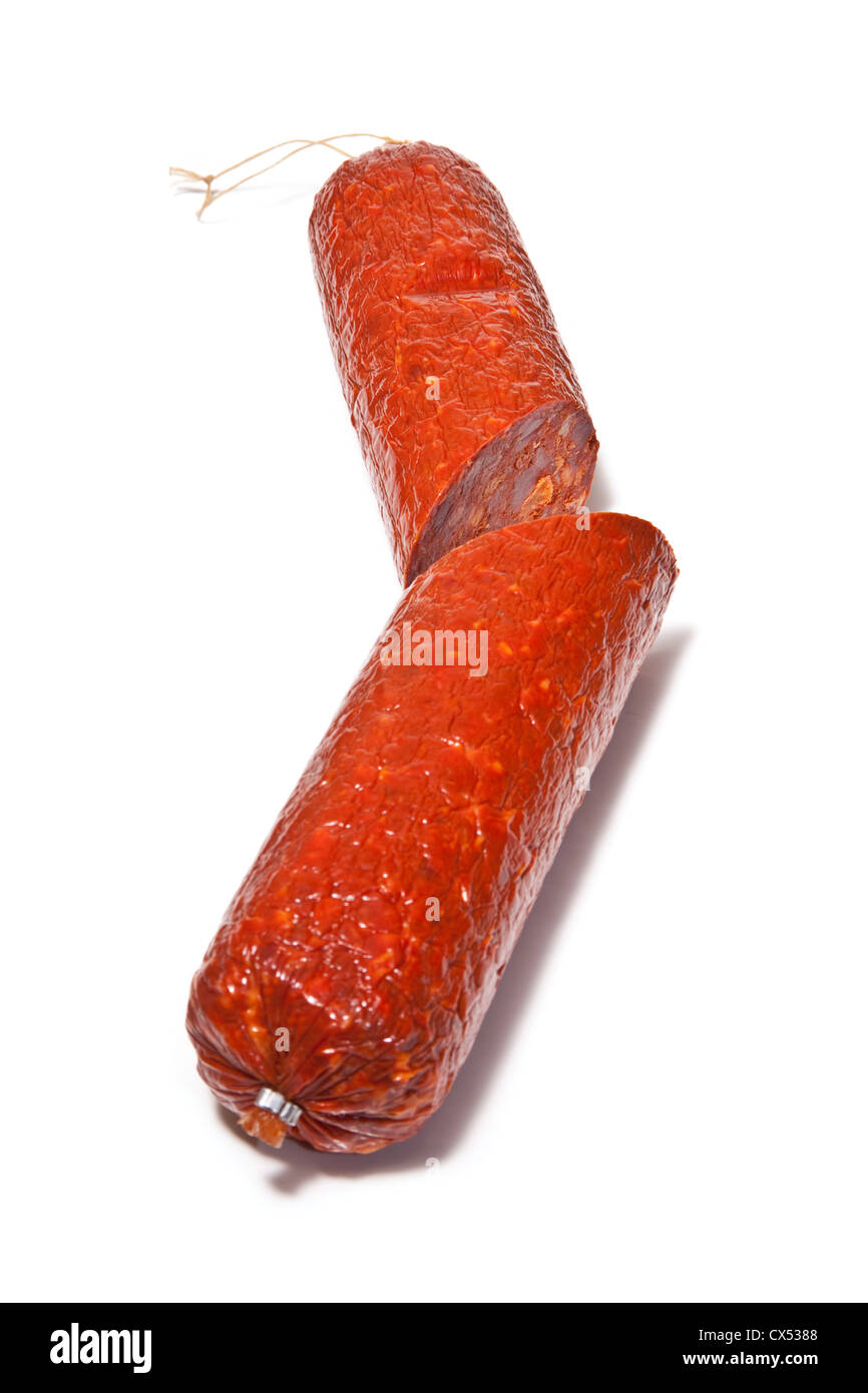 Large Spanish Chorizo sausage isolated on a white studio background ...