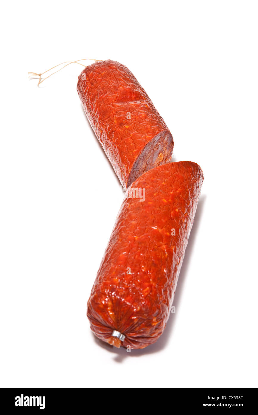 Large Spanish Chorizo sausage isolated on a white studio background ...