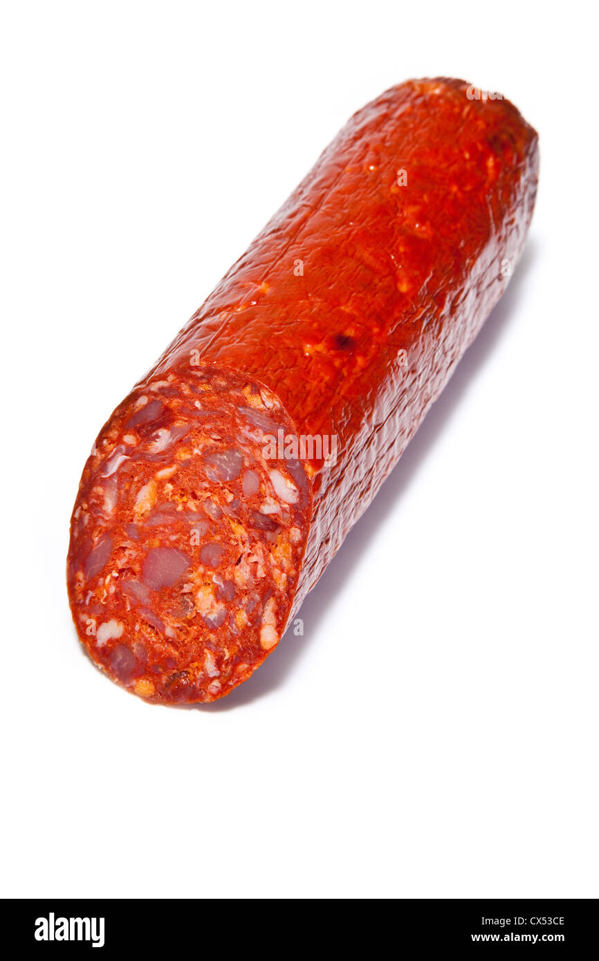 Large Spanish Chorizo sausage isolated on a white studio background ...