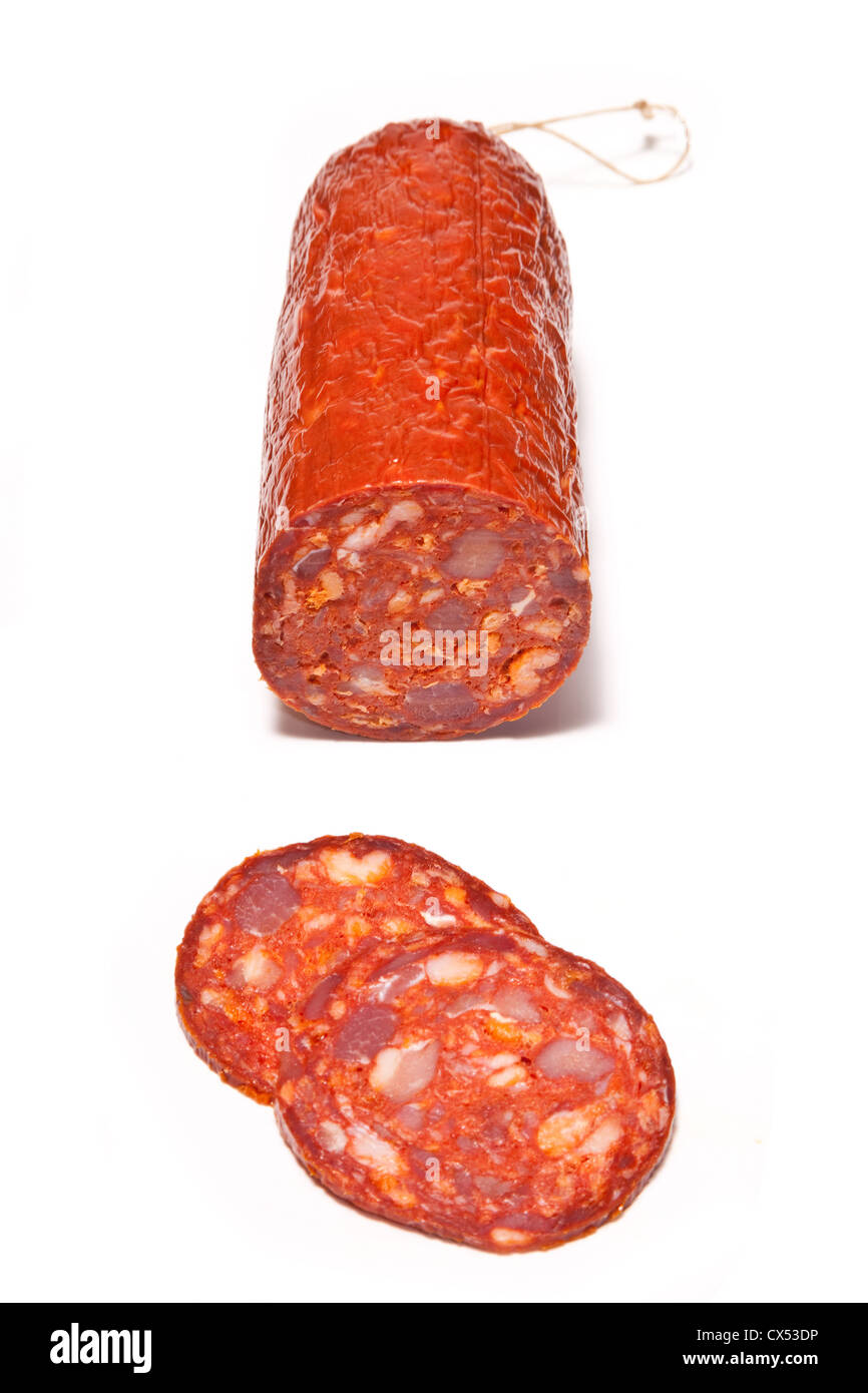 Large Spanish Chorizo sausage isolated on a white studio background ...