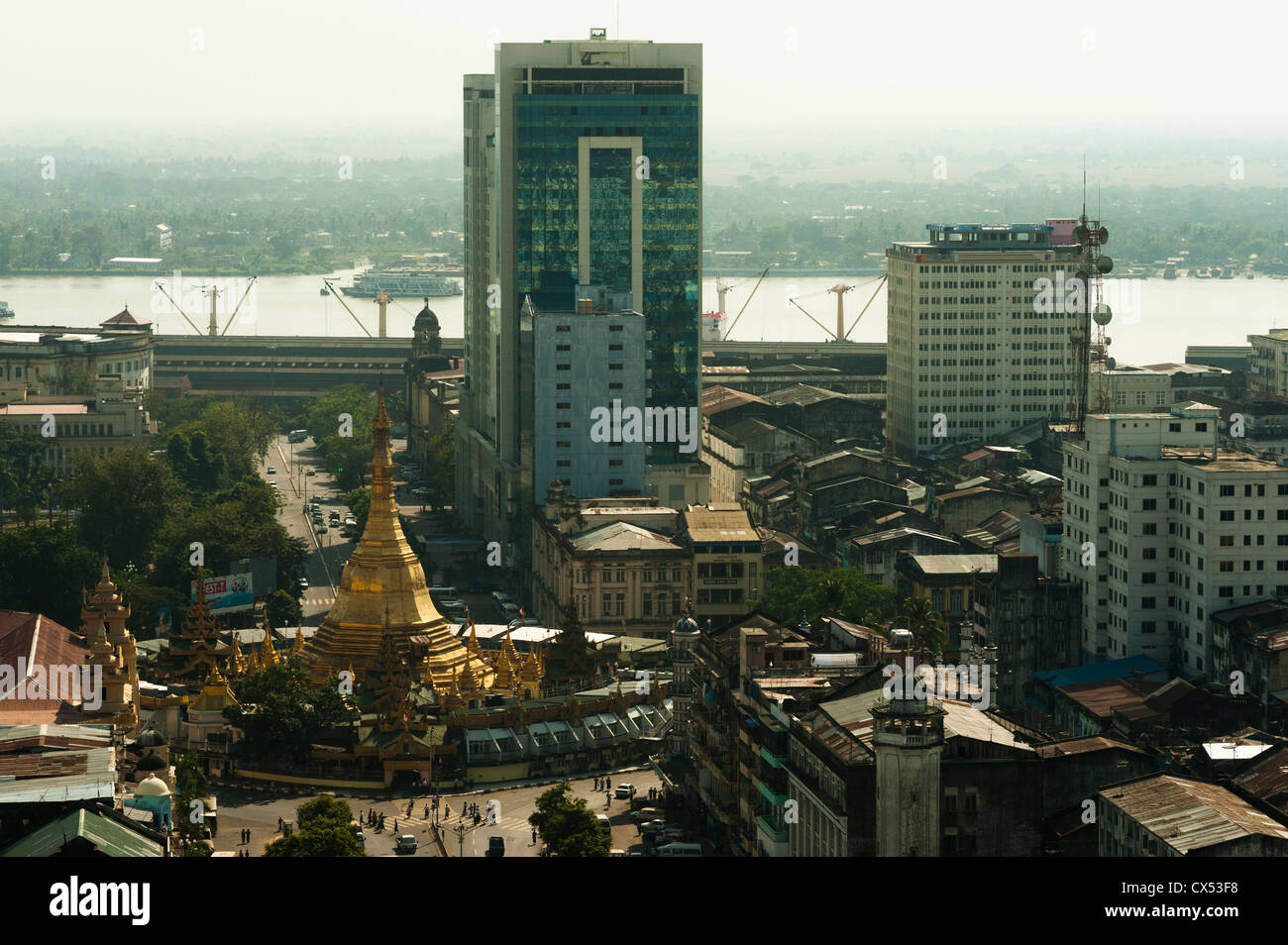 Sule Pagoda and Irrawaddy River, Yangon (Rangoon), Myanmar (Burma Stock ...