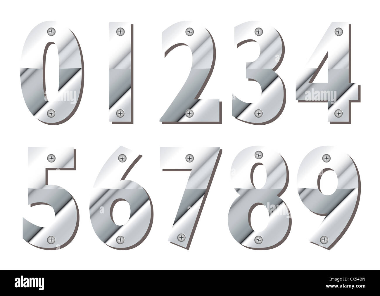 Collection of silver numbers with shadow and cross head screw Stock ...