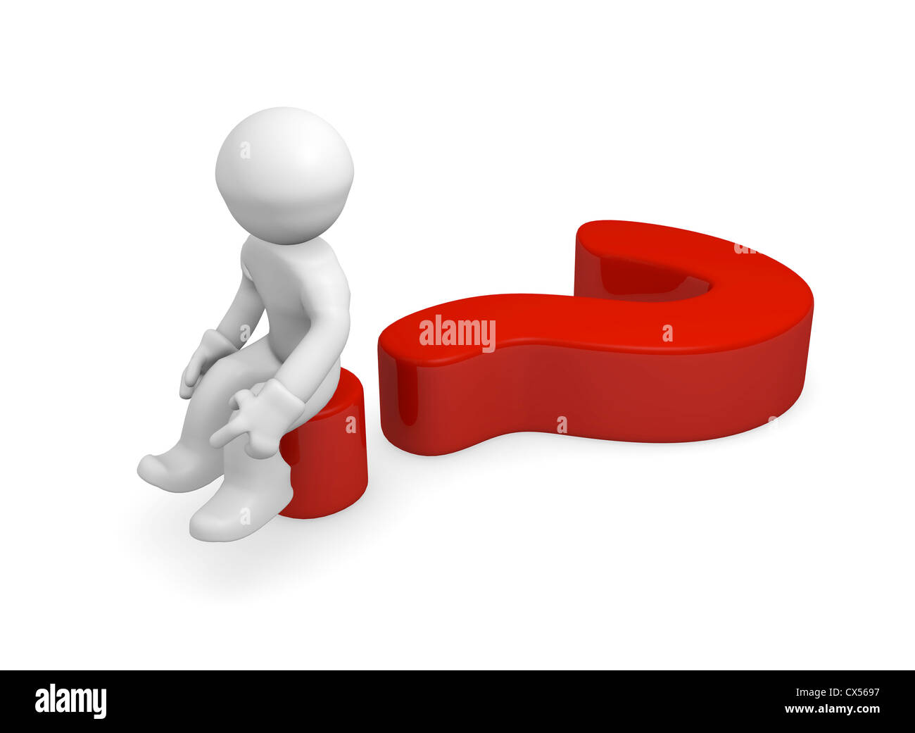 3d man sitting on a red question mark Stock Photo - Alamy