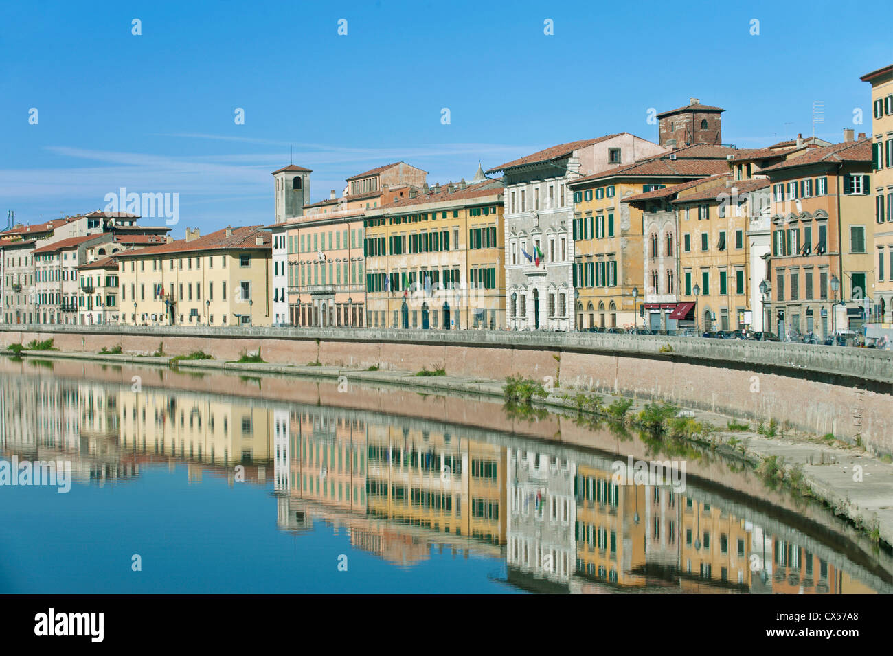 Europe, Italy, Tuscany, Pisa, Historic District Reflected in the River ...