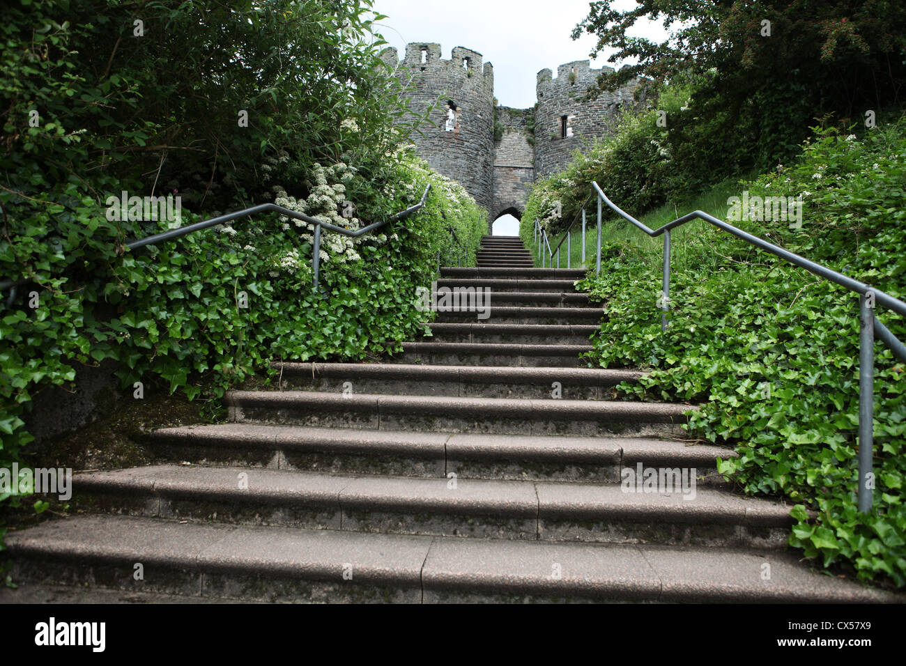 Stairs to the old fortified city and tower - Conwy - Wales - UK Stock ...