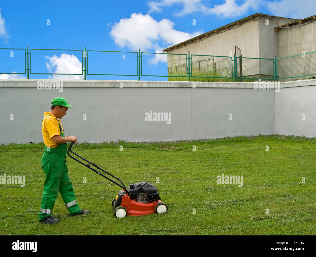 a men mows a lawn a mower Stock Photo - Alamy