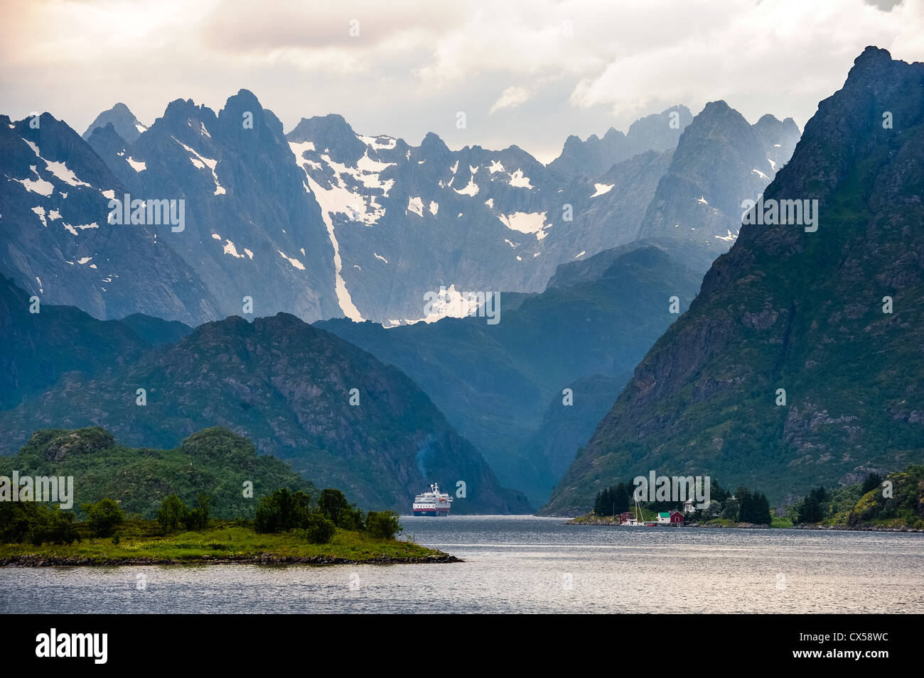 Norway, Lofoten. Raftsundet. Hurtigruta entering Trollfjorden Stock ...