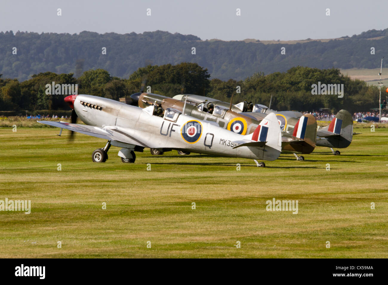 Spitfires getting ready for take off - Goodwood Revival Stock Photo - Alamy