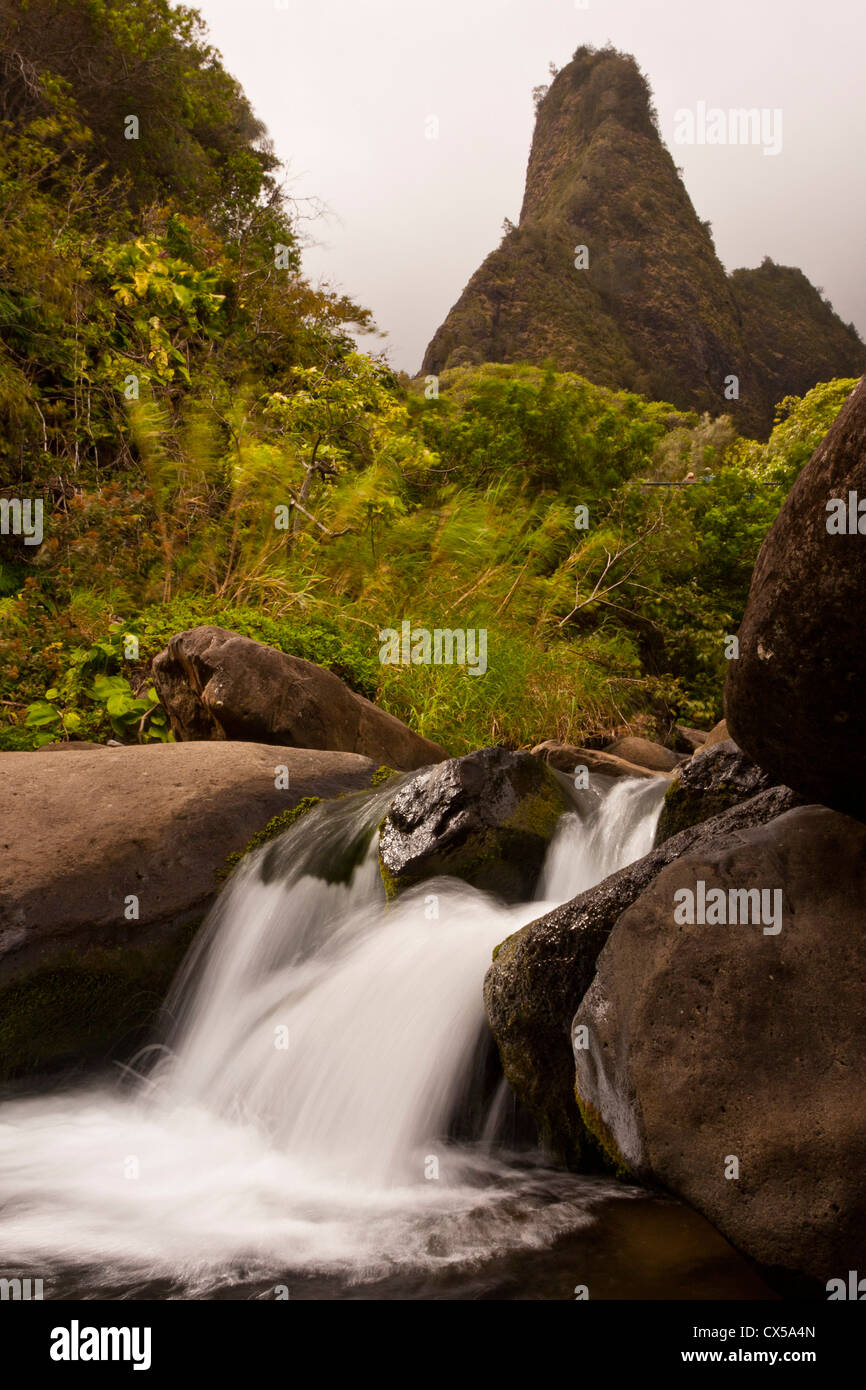 USA, Hawaii, Maui, Iao Needle. View of waterfall and rock formation ...
