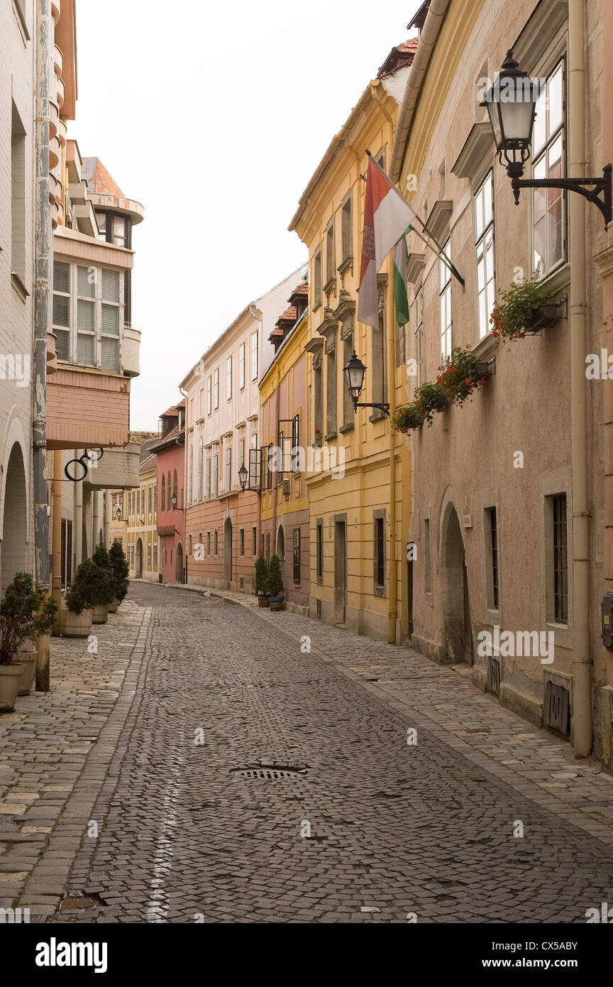 Elk190-2717v Hungary, Sopron, cobblestone street lined with historical ...