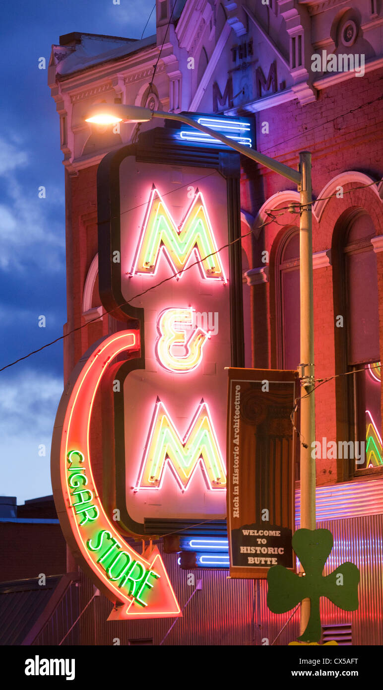 Neon sign highlights the historic M&M bar in uptown Butte, Montana, USA ...