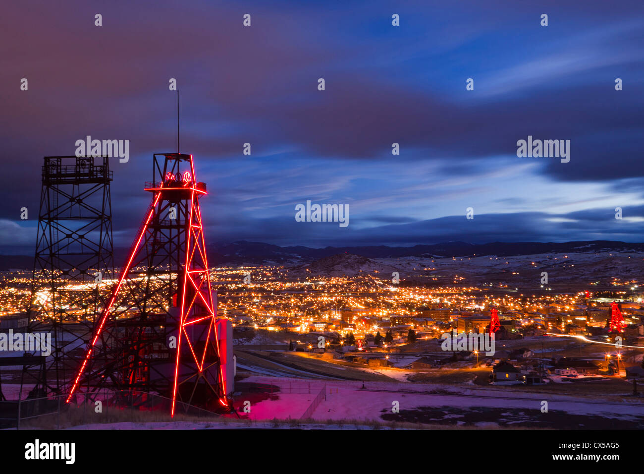 Mining gallows frames lit up at night signify the historic mining at ...