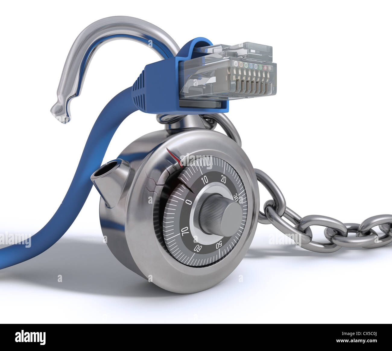 RJ45 cable unprotected. Padlock completely violated. Concept of ...